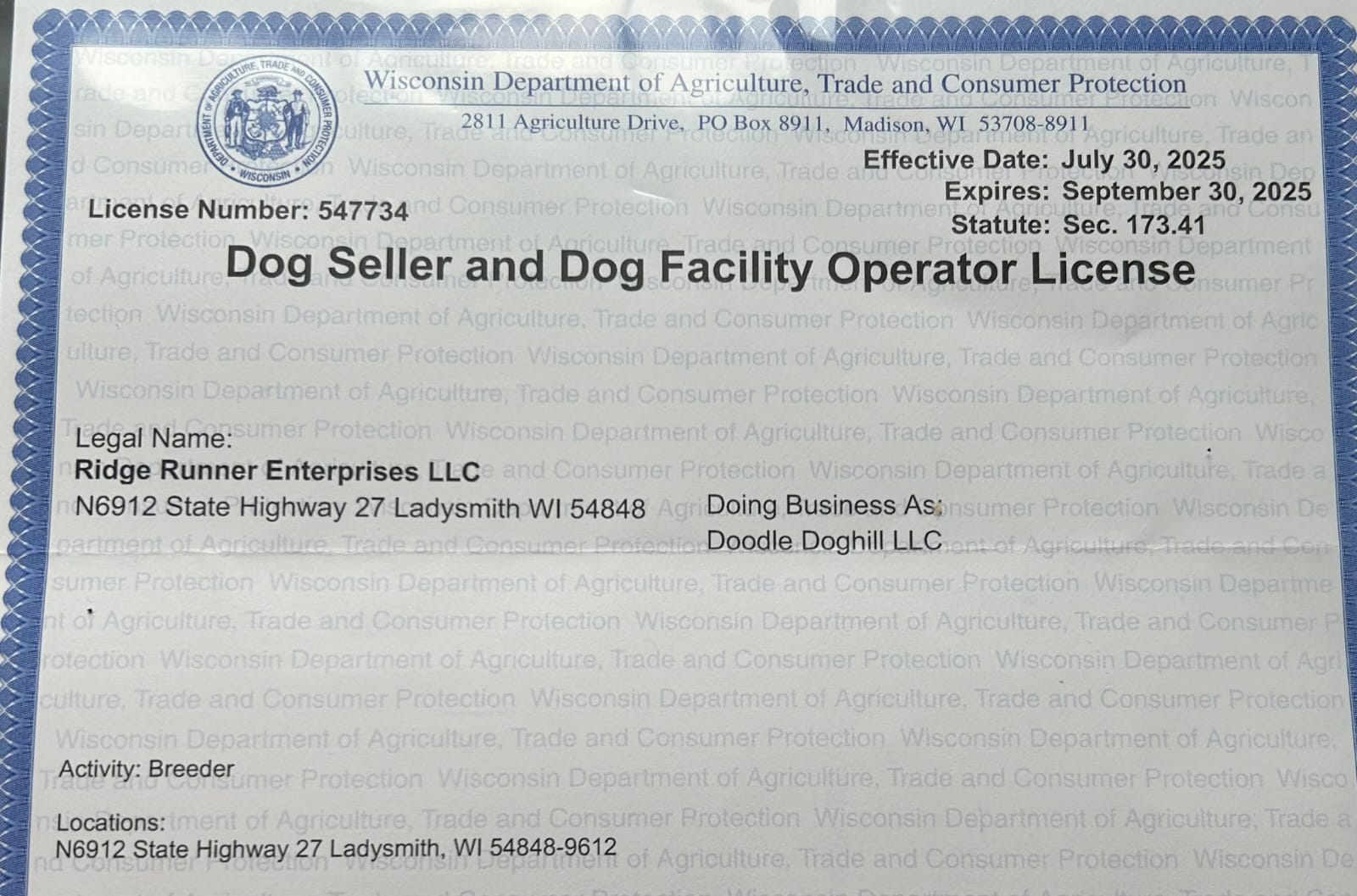 License and Certificates - Doodle Dog Hill